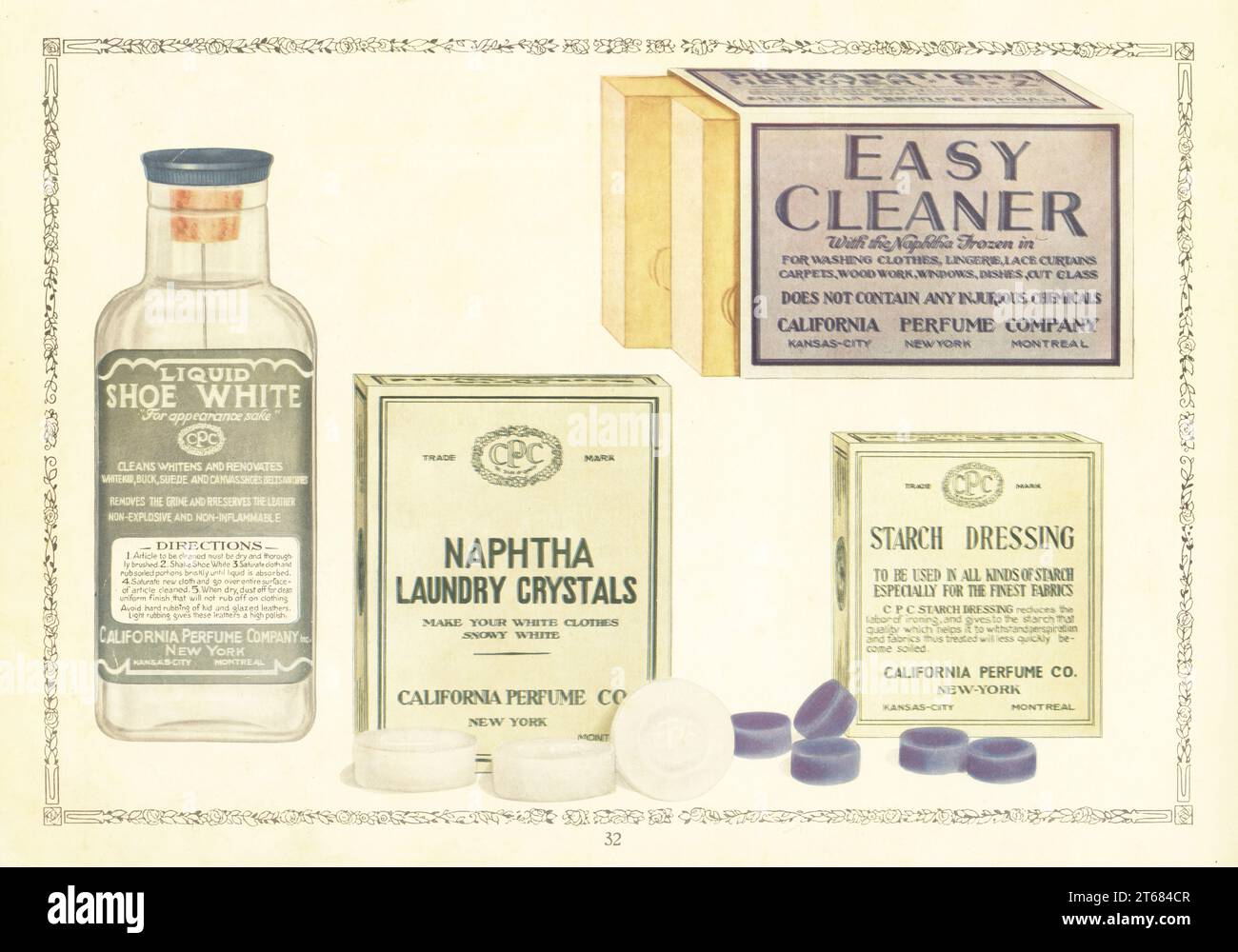 CPC brand cleaning products, 1926. Bottle of Liquid Shoe White, box of ...