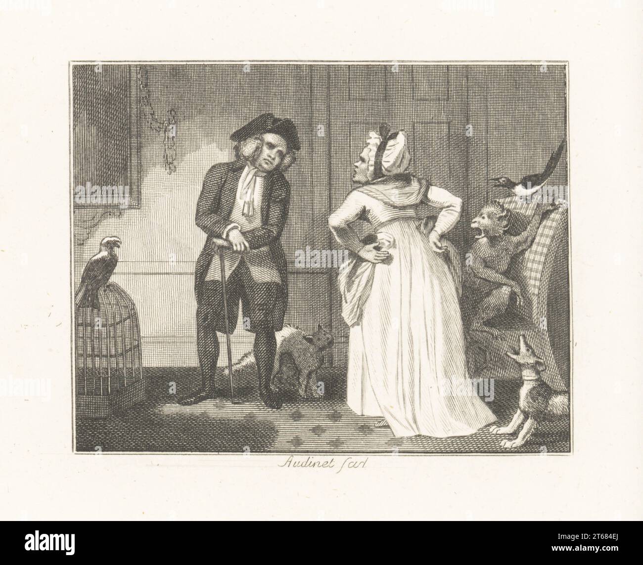 The Scold and the Parrot. A husband and wife argue in a room with ...