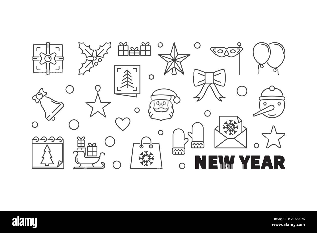 New Year outline horizontal illustration - vector banner with modern ...