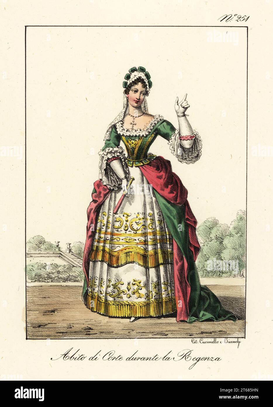 Costume of a lady at court during the French Regency. In frontage ...