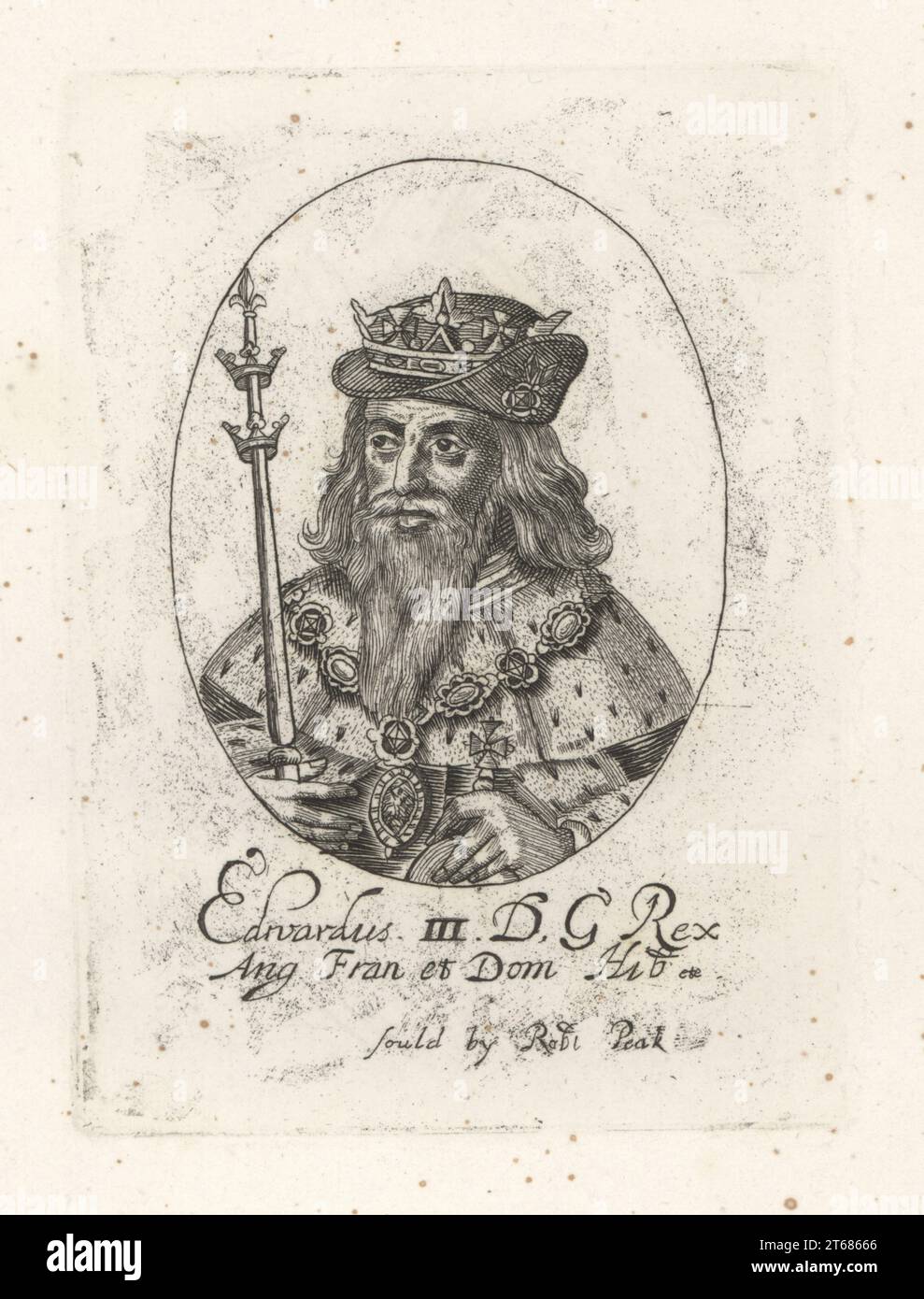 Oval portrait of King Edward III of England, 1312-1377. In crown and ...