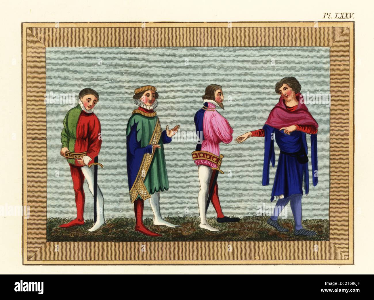Personages of distinction of the 14th century. Men in parti-coloured ...