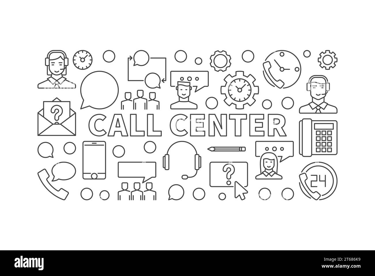 Call center outline illustration - vector modern horizontal banner in ...