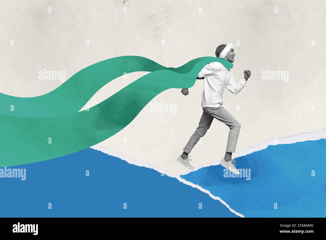 Collage artwork graphics picture of excited funky guy running ...