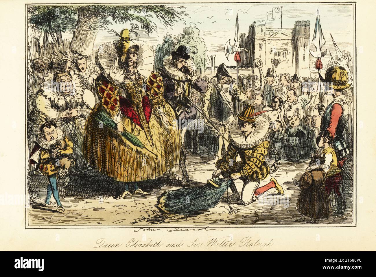 Sir Walter Raleigh laying his cape over a puddle for Queen Elizabeth I ...