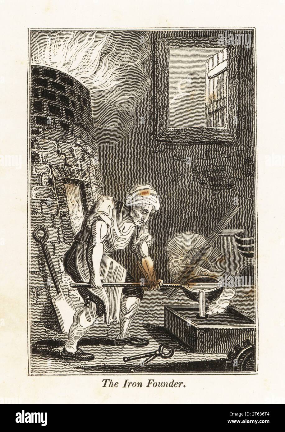 Iron founder in apron and cap using a ladle pouring molten metal into a ...