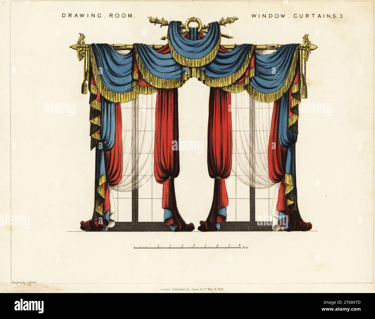 Drawing room window curtains, Regency style. Blue and gold-fringed ...