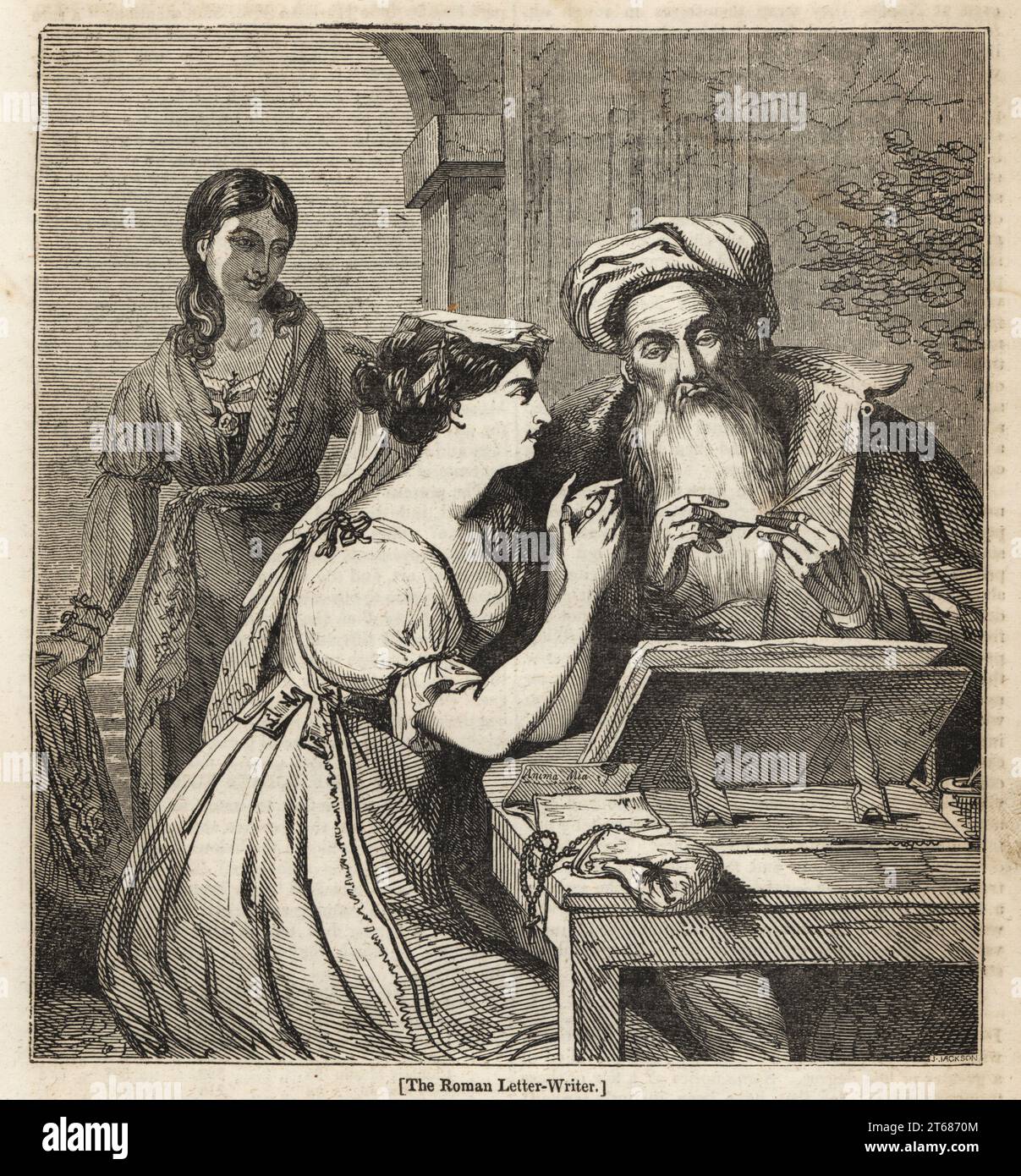 Woman dictating a letter to a scribe in Rome, 1833. The Roman letter ...