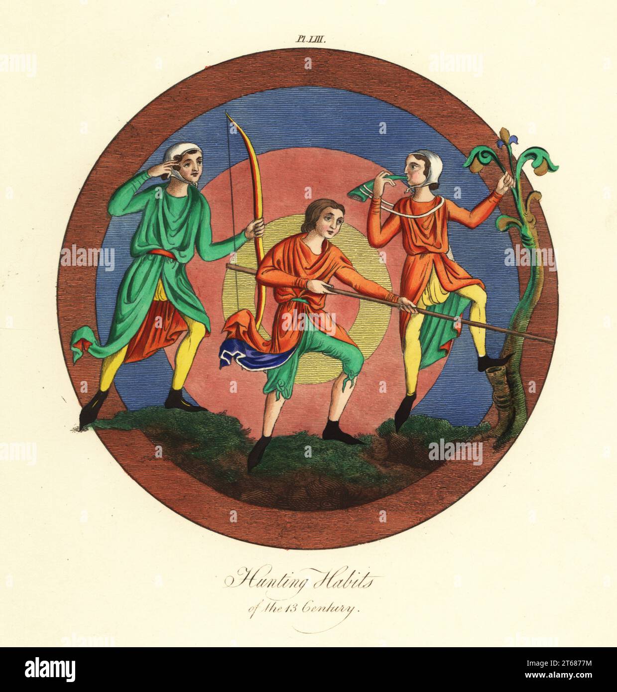 Hunters in caps, tunics, breeches and hose with staff, bow and arrow ...