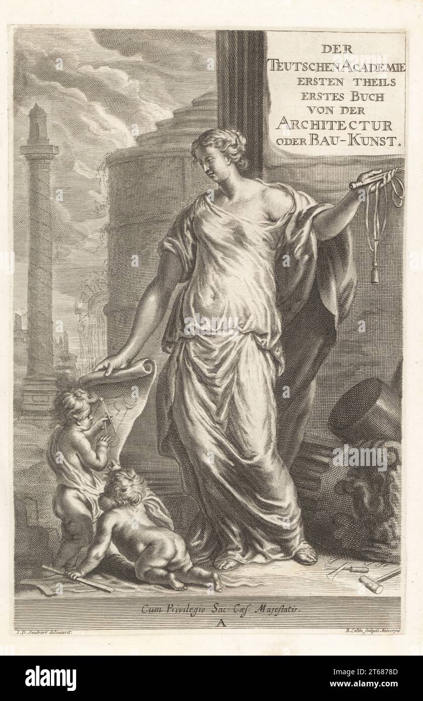 Allegorical frontispiece with personification of Architecture, holding ...