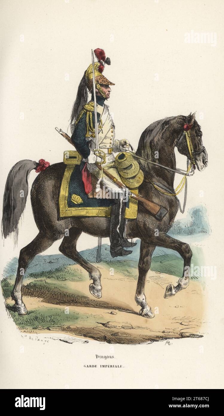 Uniform of a French Imperial Dragoon Guard. In brass helmet with crest and long mane, leopard ...