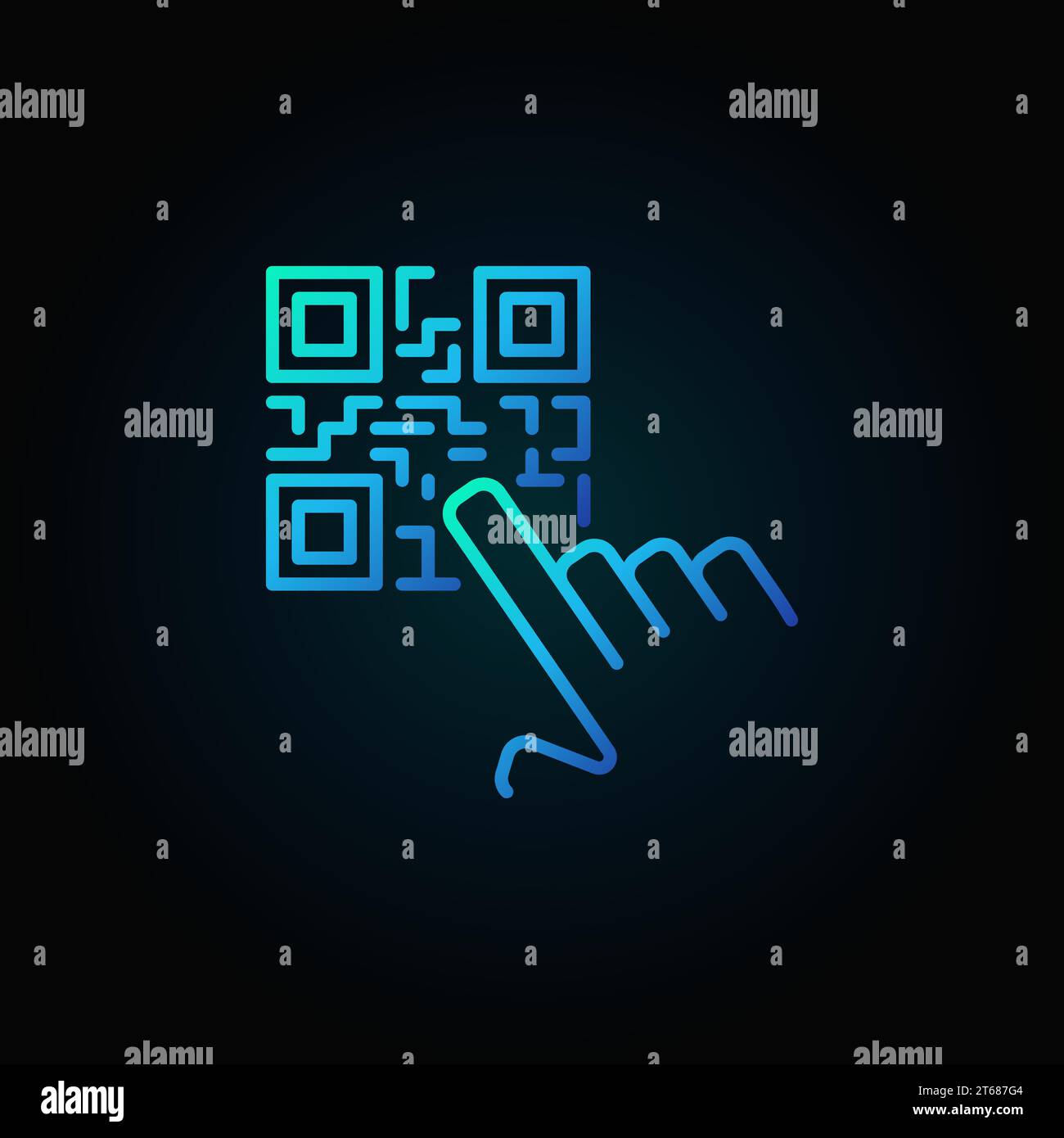 Hand pointing QR code vector blue concept icon or symbol in thin line ...
