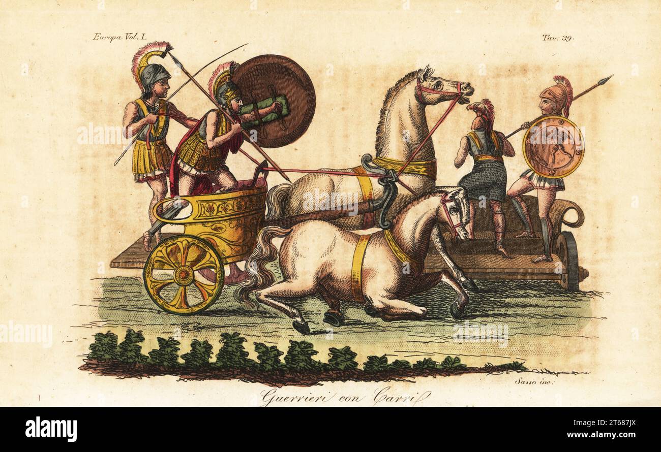 Ancient Greek warriors with painted shields riding a biga or two-horse ...