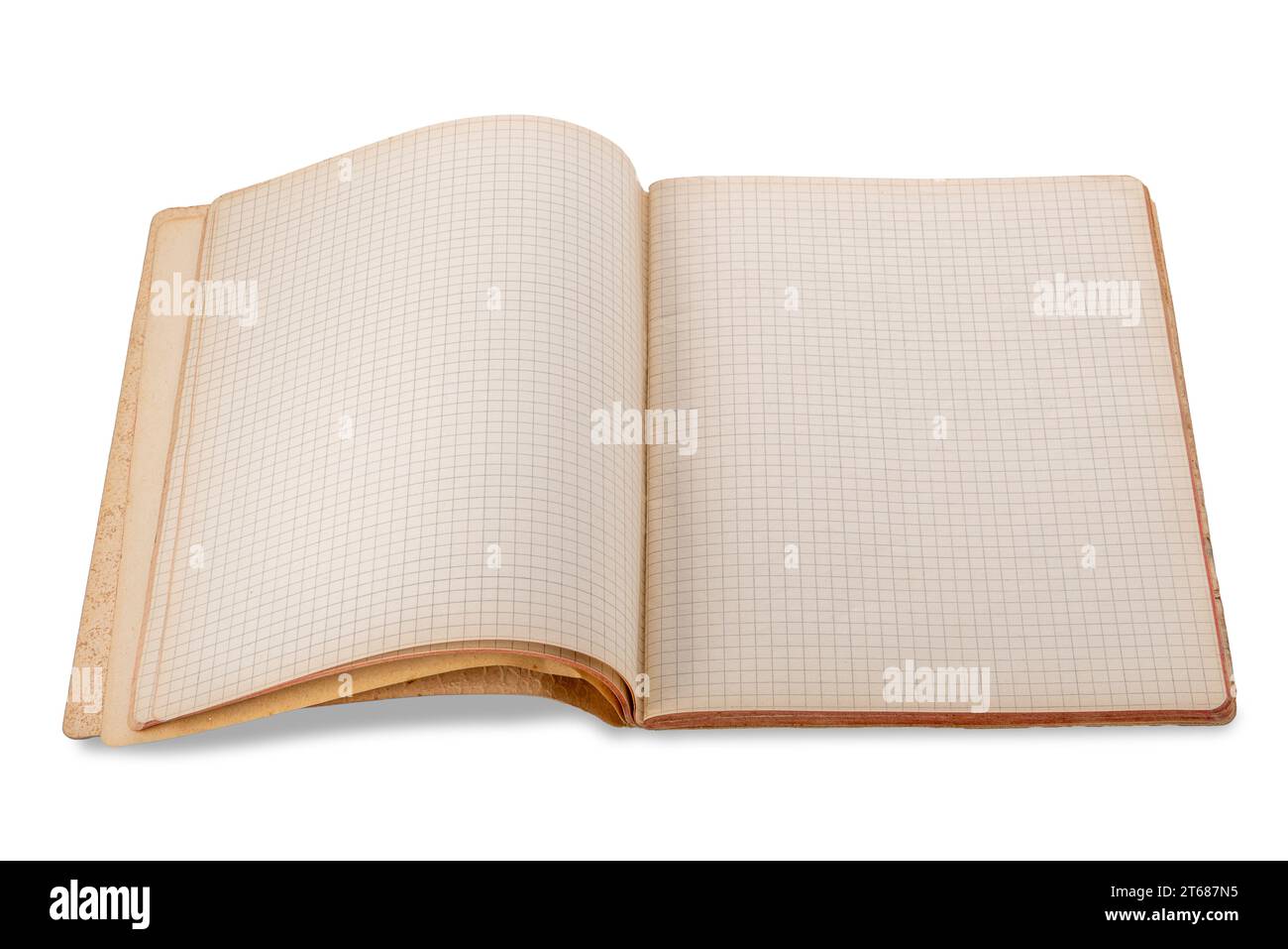 Antique open notebook with squares on old pages, isolated on white with ...