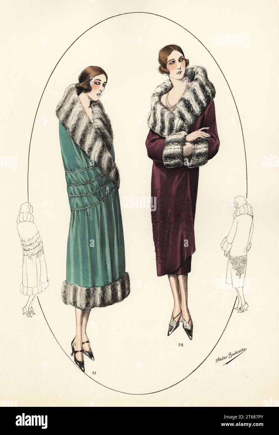 Fashionable women in short bob haircuts and luxurious fur coats ...