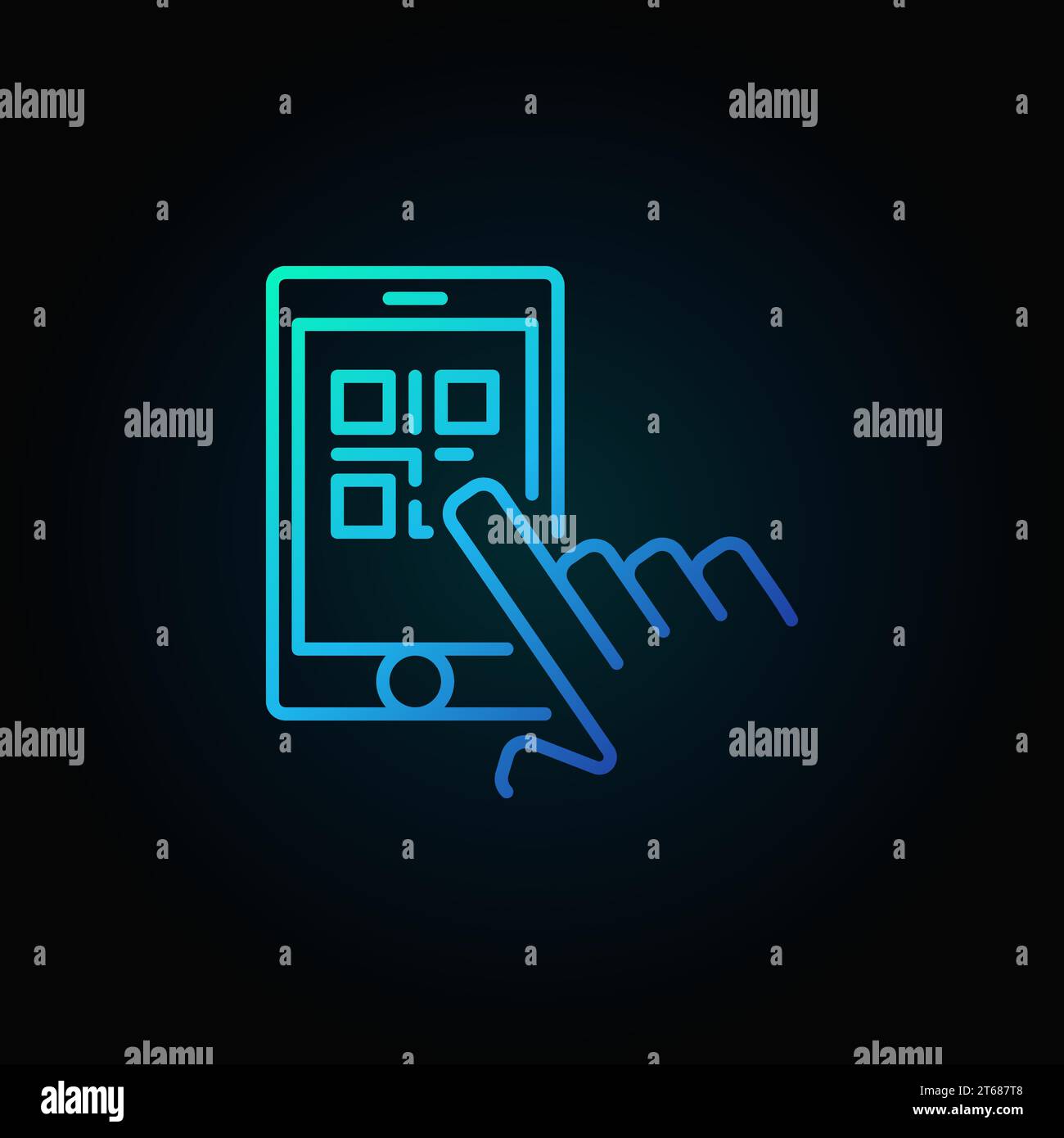Finger touching QR code in smartphone vector blue outline icon or ...
