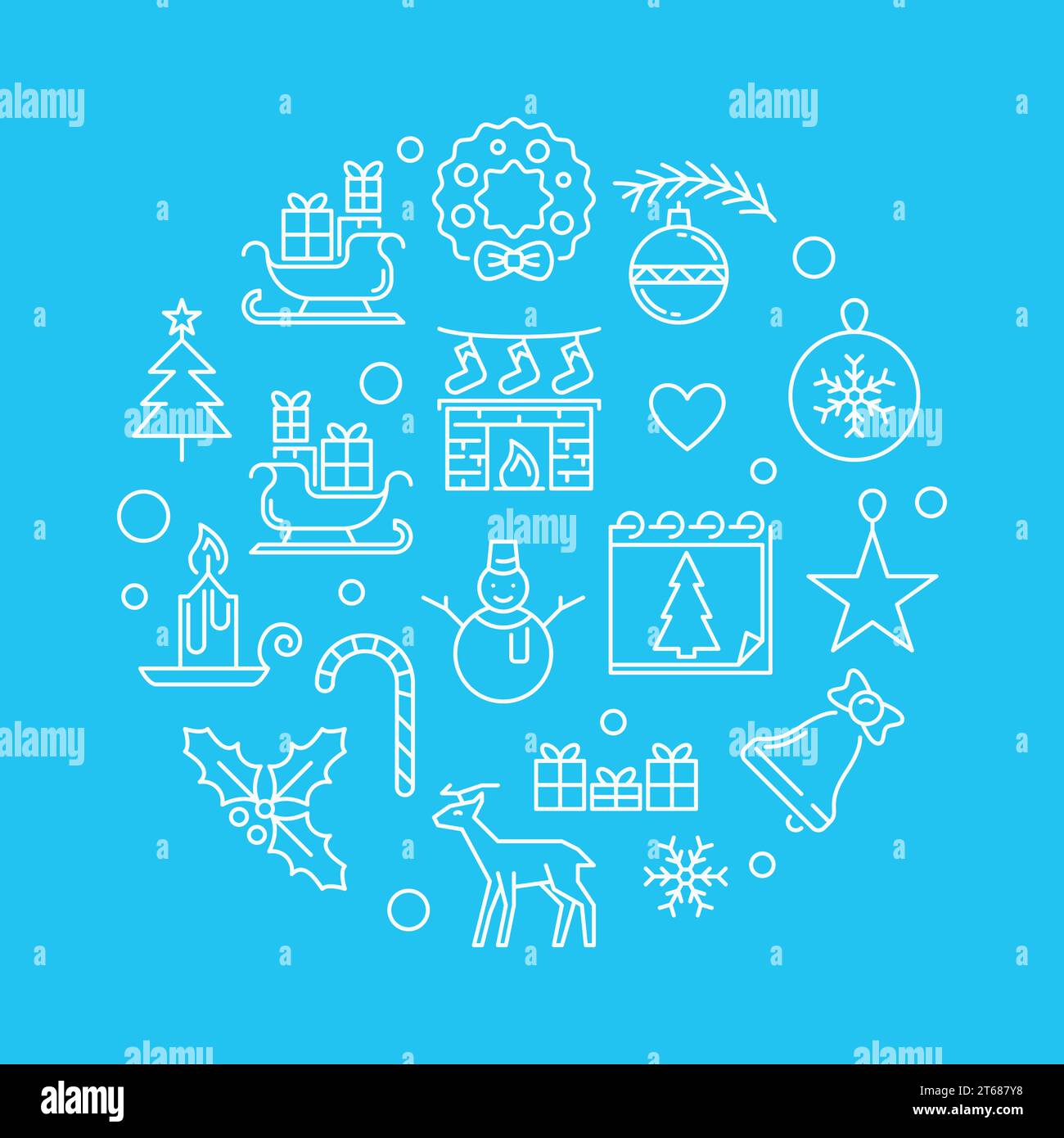 Merry Christmas linear illustration. Vector Xmas blue greeting card or ...