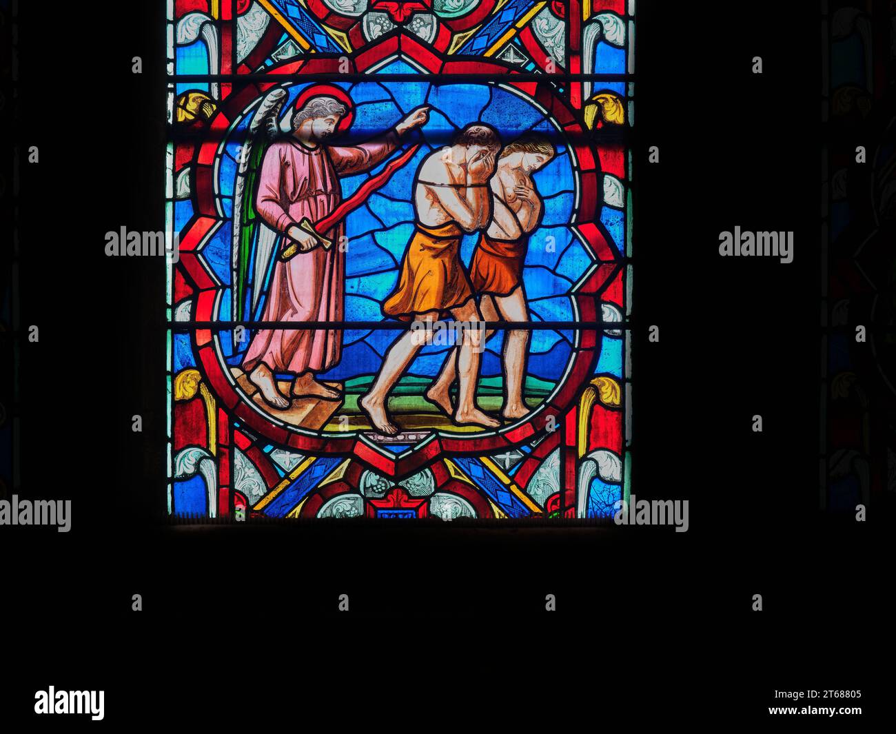 An angel with flaming sword banishes Adam and Eve from the garden of paradise (Eden); detail ...