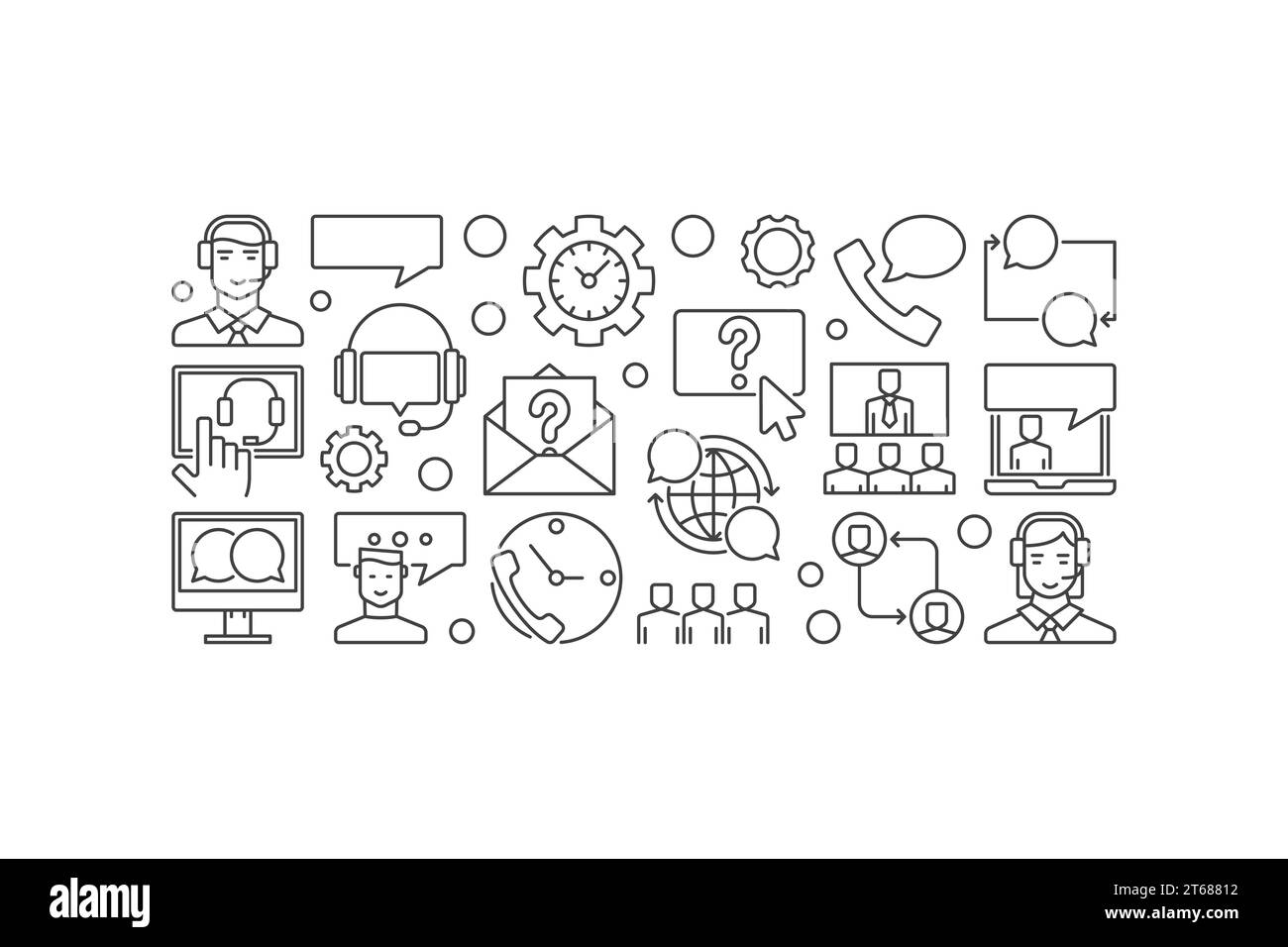 Customer service and support vector outline horizontal banner or ...