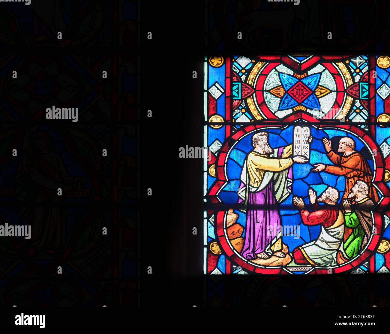 Moses show his fellow Jews the ten commandments; detail from the ...