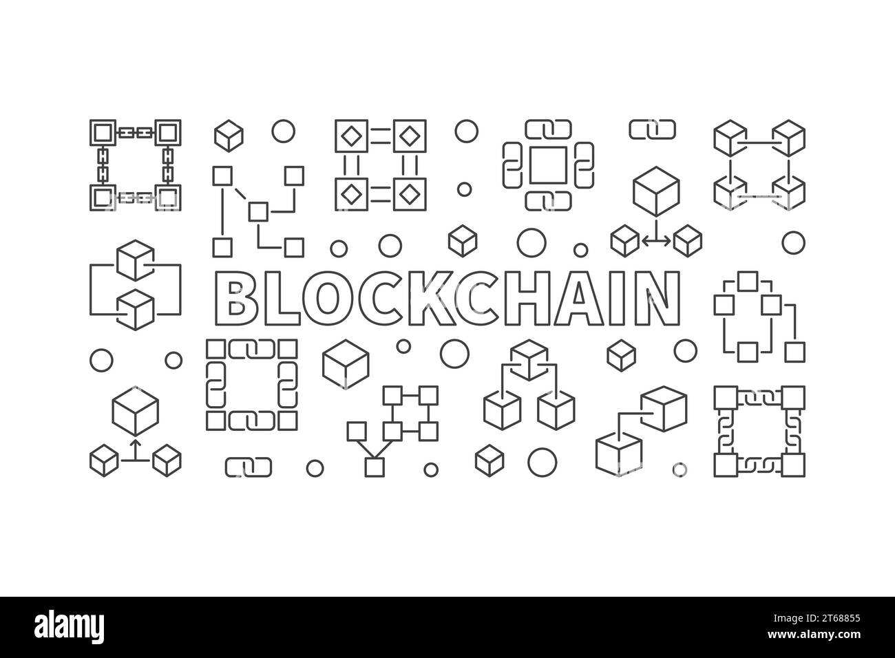 Blockchain vector horizontal illustration or banner in thin line style ...