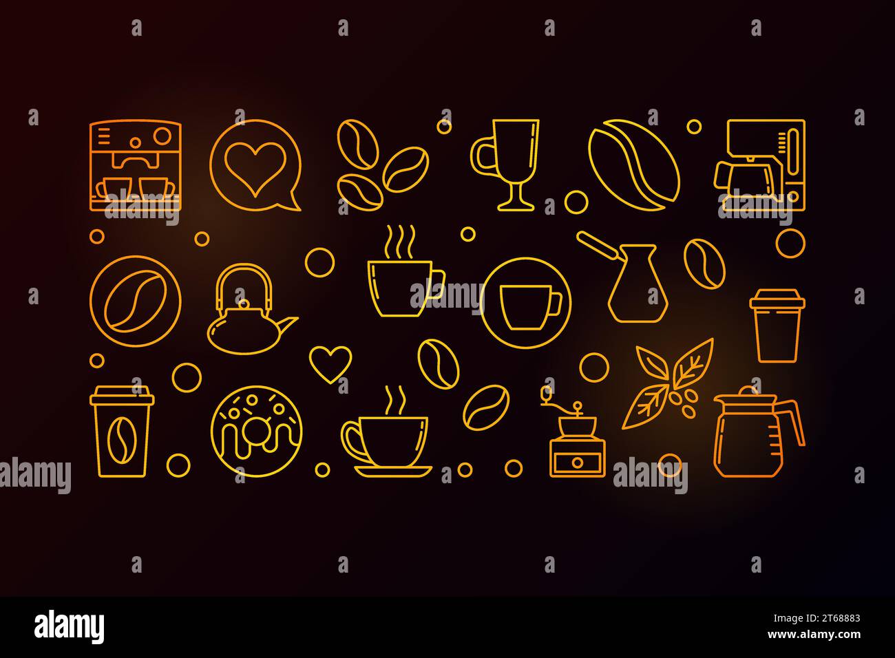 Vector coffee yellow horizontal banner or illustration in thin line ...