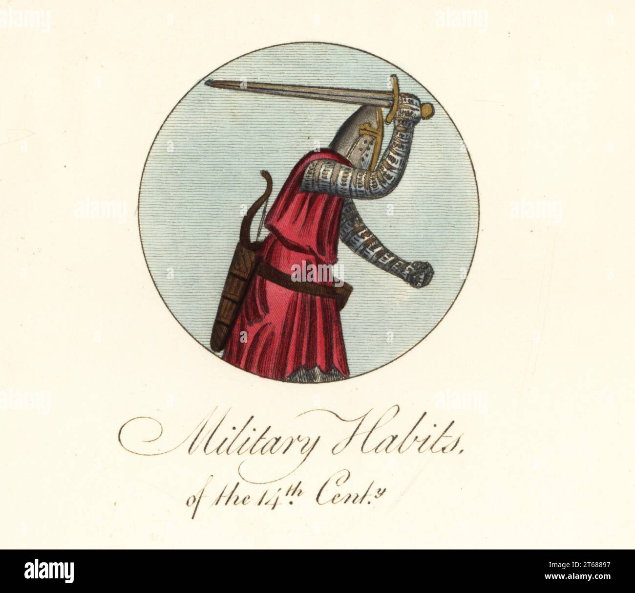 Costume of a knight of the 14th century. Soldier in helmet, chainmail ...