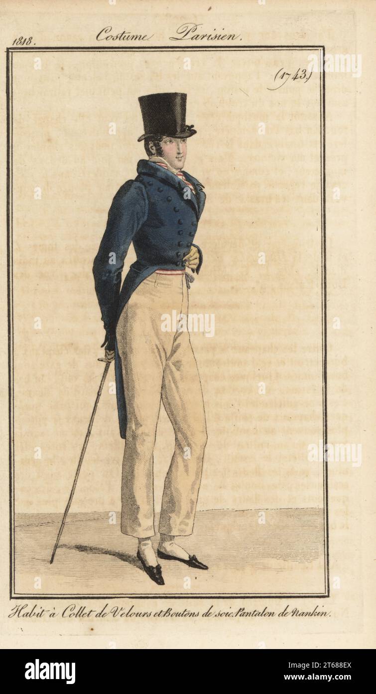 French gentleman in top hat, tailcoat with velvet collar and silk ...