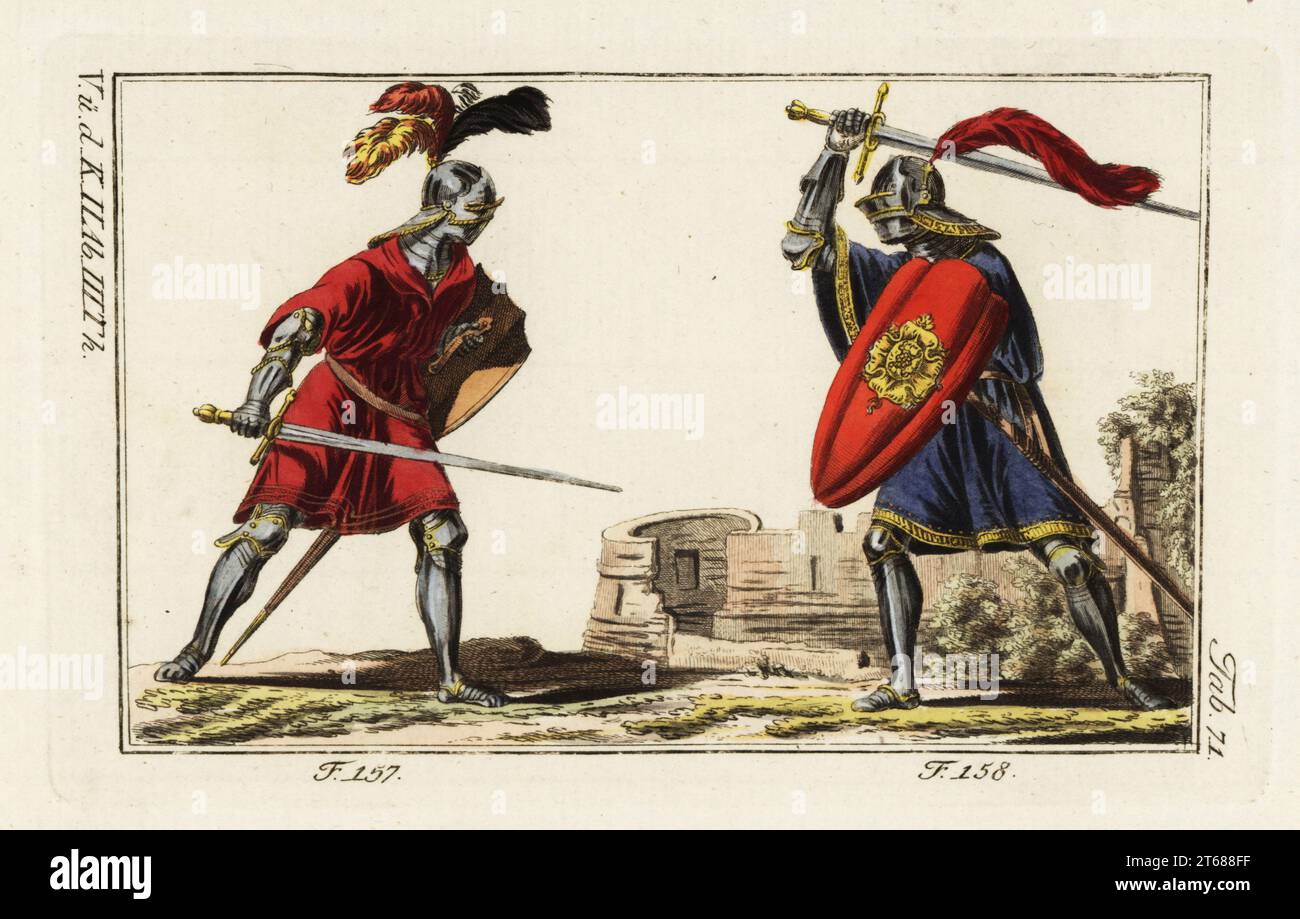 Two knights in suits of armor on foot fighting a duel with swords in a ...