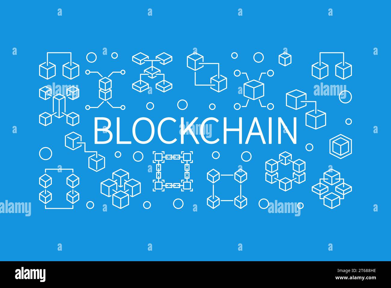 Blockchain vector concept outline horizontal illustration. Block Chain banner in thin line style ...