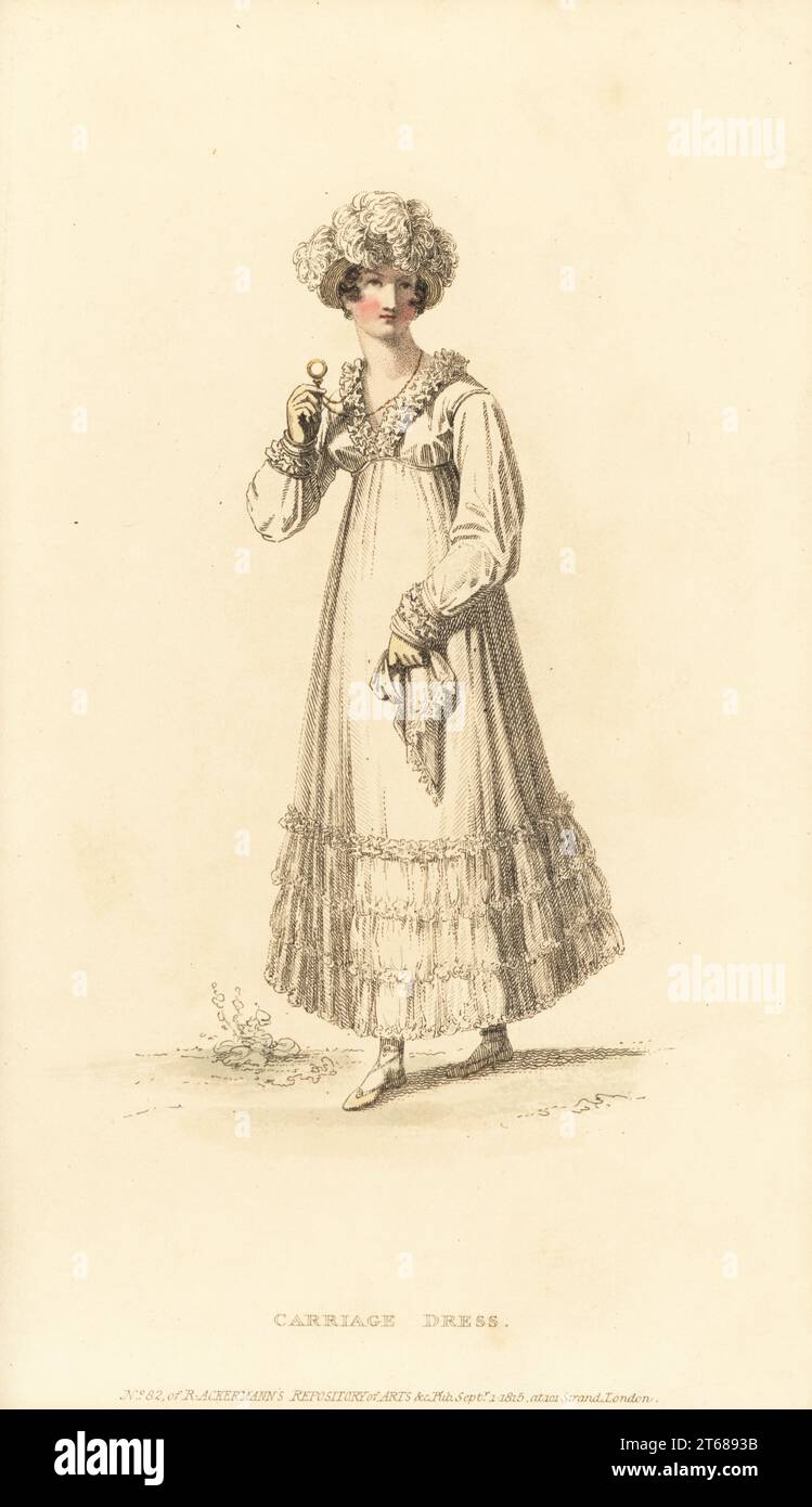Regency woman in carriage dress with lorgnette. Dress of cambric muslin ...