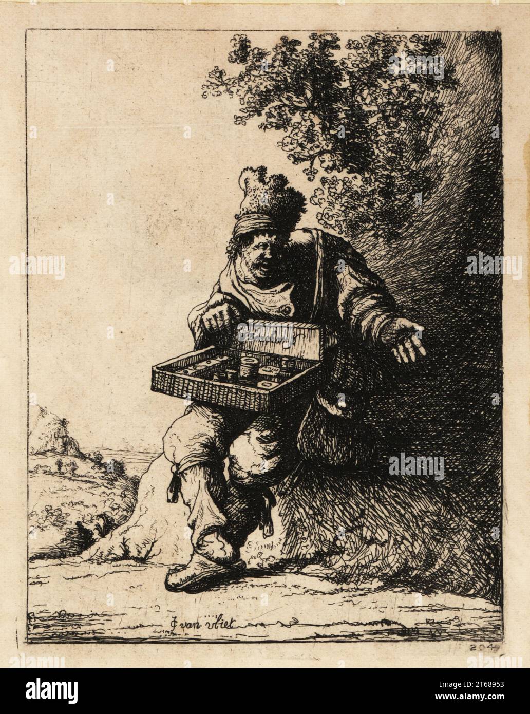17th century Dutch itinerant pedlar with straw box of wares seated by a ...