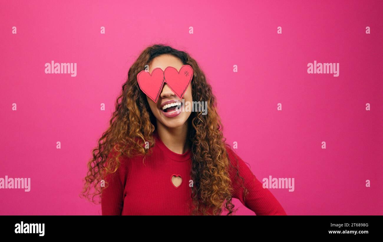 Happy silly woman poses with heart eyes, lovestruck infatuated emoji ...