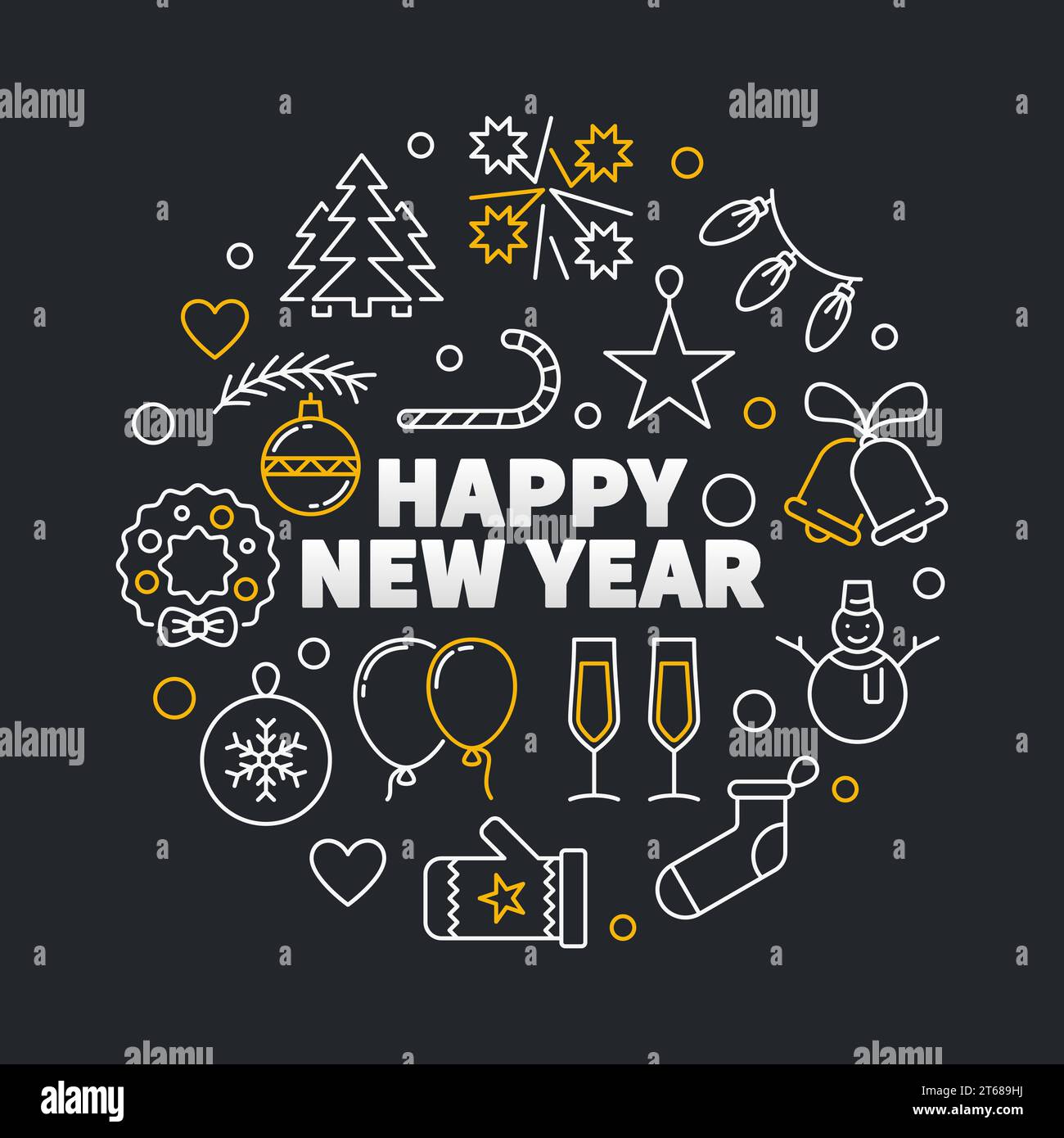 Happy New Year linear circular illustration - vector greeting card with ...