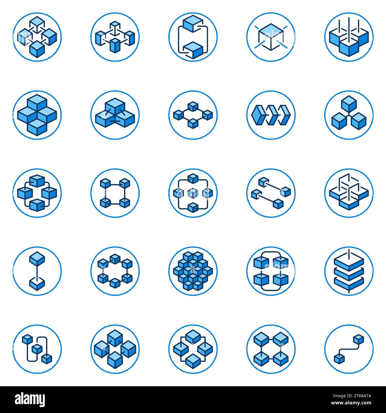 Blockchain Blue round icons set - vector Crypto Blocks connected with Links in circles concept ...