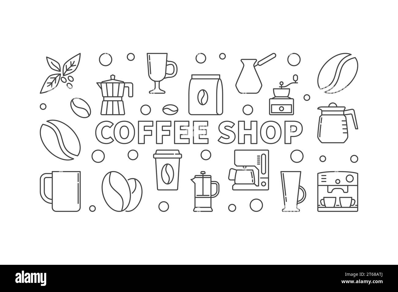 Coffee shop vector horizontal concept illustration in thin line style ...