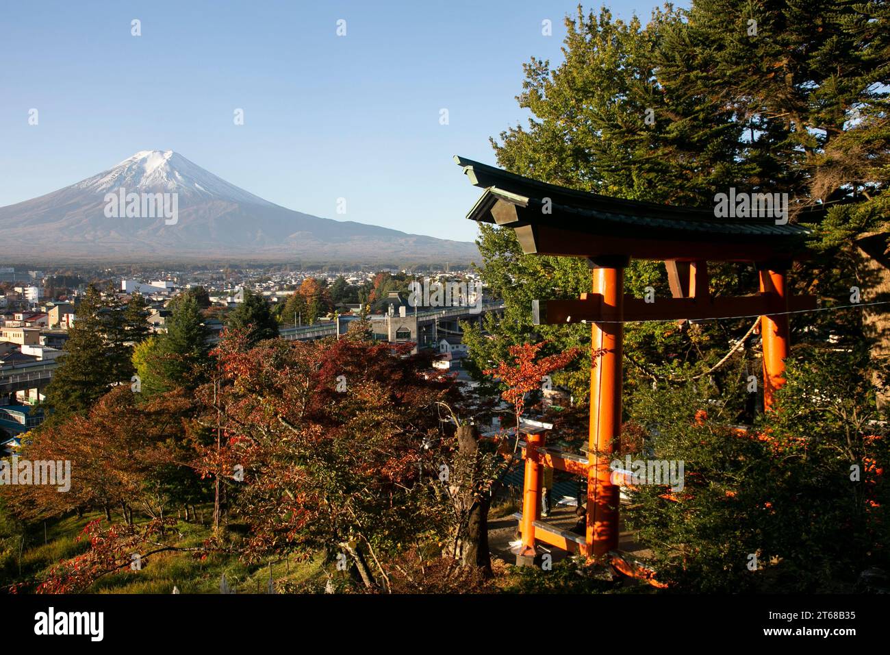 View of Mount Fuji from Chureito Temple surrounded by red maples in ...