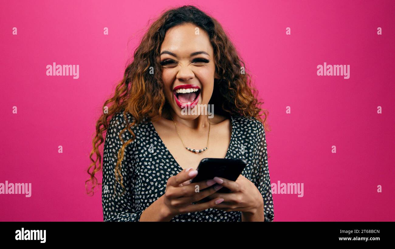 Shocked young woman gets successful match on dating profile, studio ...