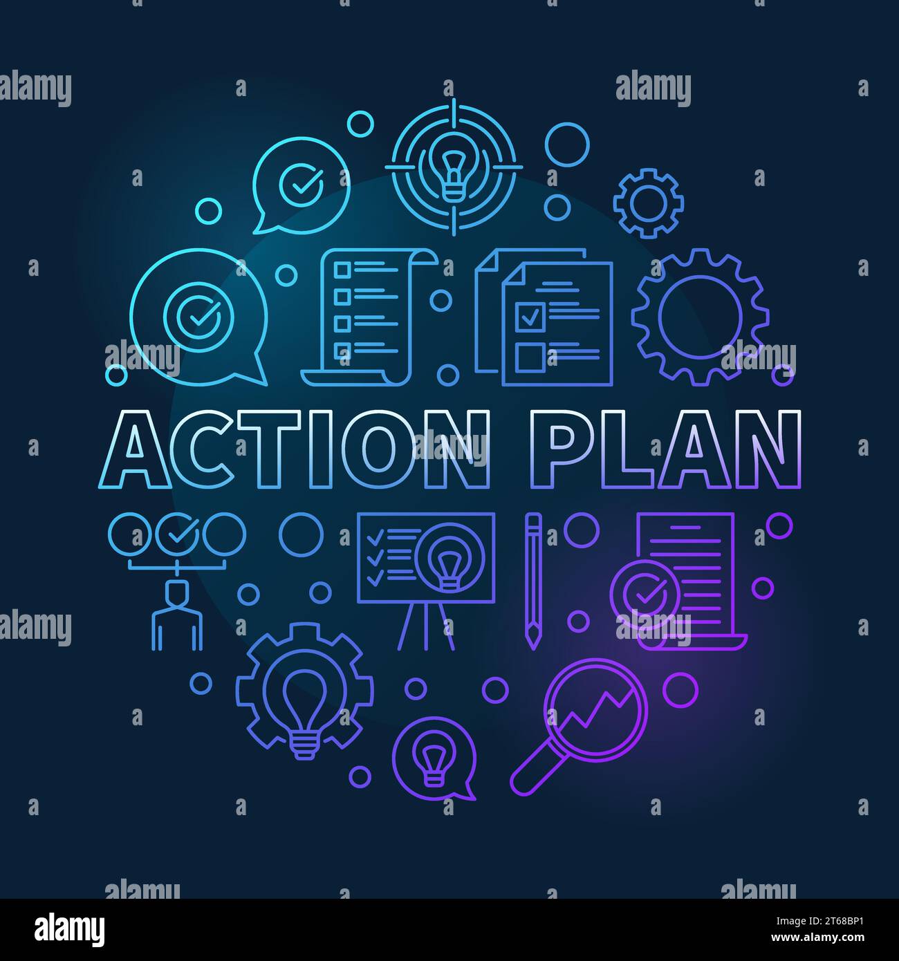 Action Plan vector round blue modern outline illustration on dark ...