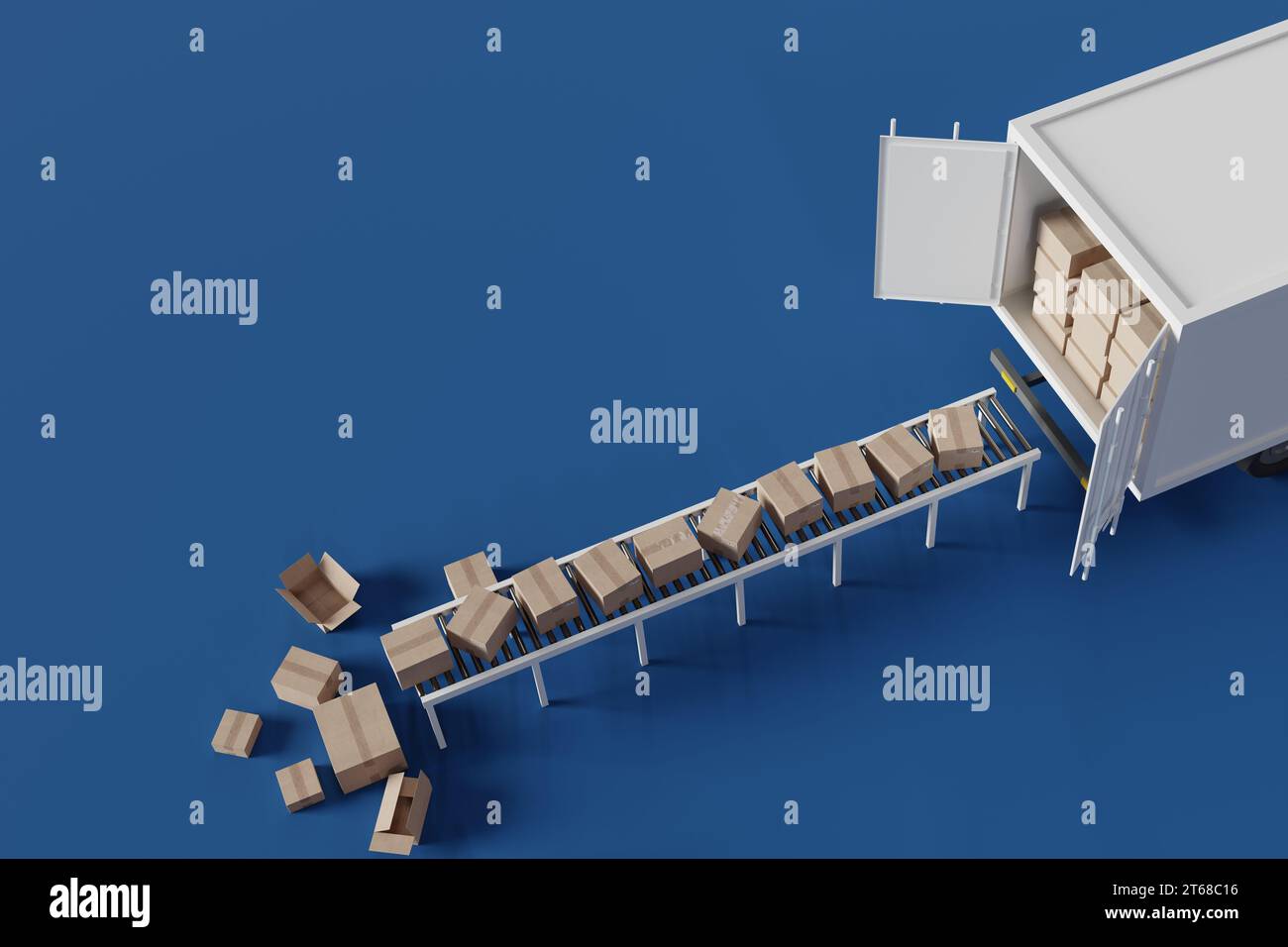 Delivery boxes move on a conveyor belt for logistics distribution, 3d ...