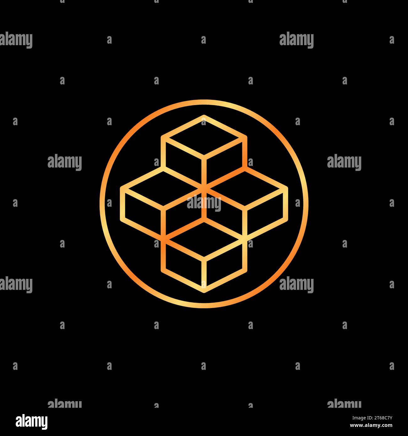 Blockchain vector thin line concept golden icon - Circle and Block chain network with 4 Blocks ...