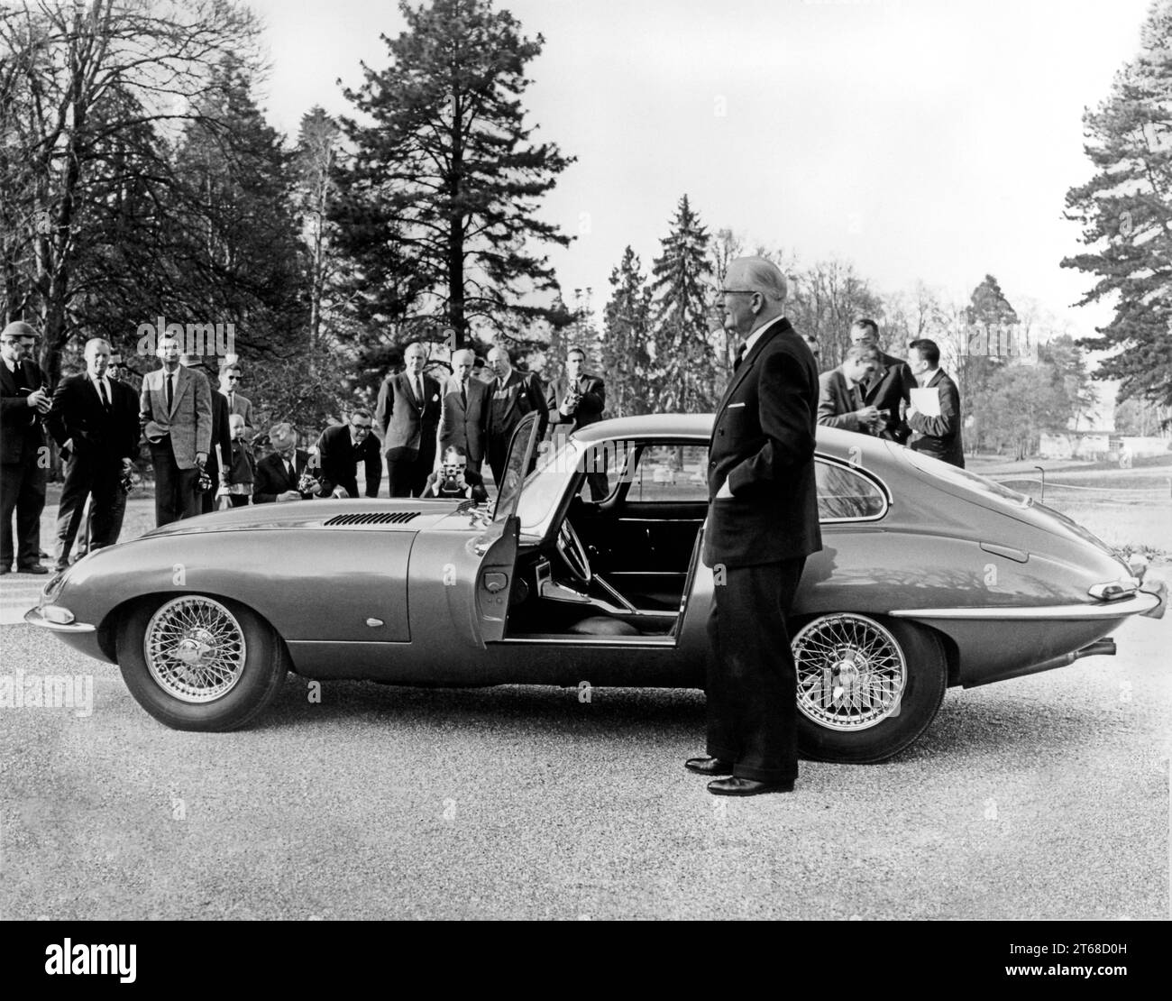 William Lyons presents the Jaguar E-type to the press in Geneva at Parc ...