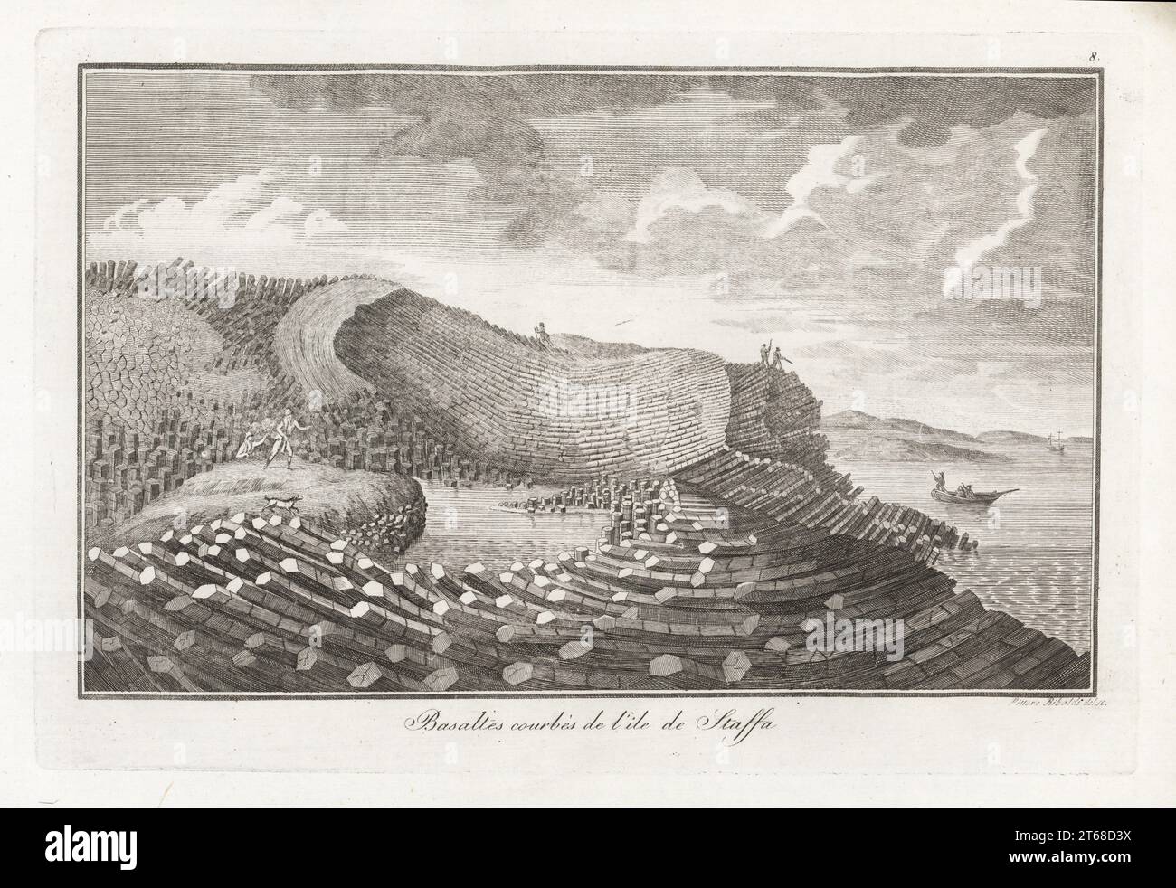 Geologists exploring the curved basalt column formations on the Isle of ...