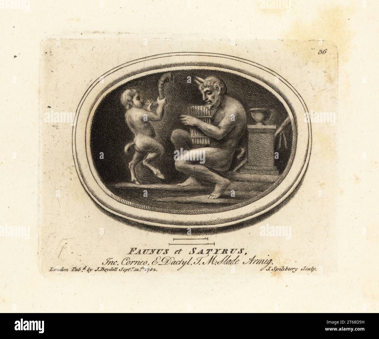 A satyr playing panpipes and faun with ram's horn before an altar ...