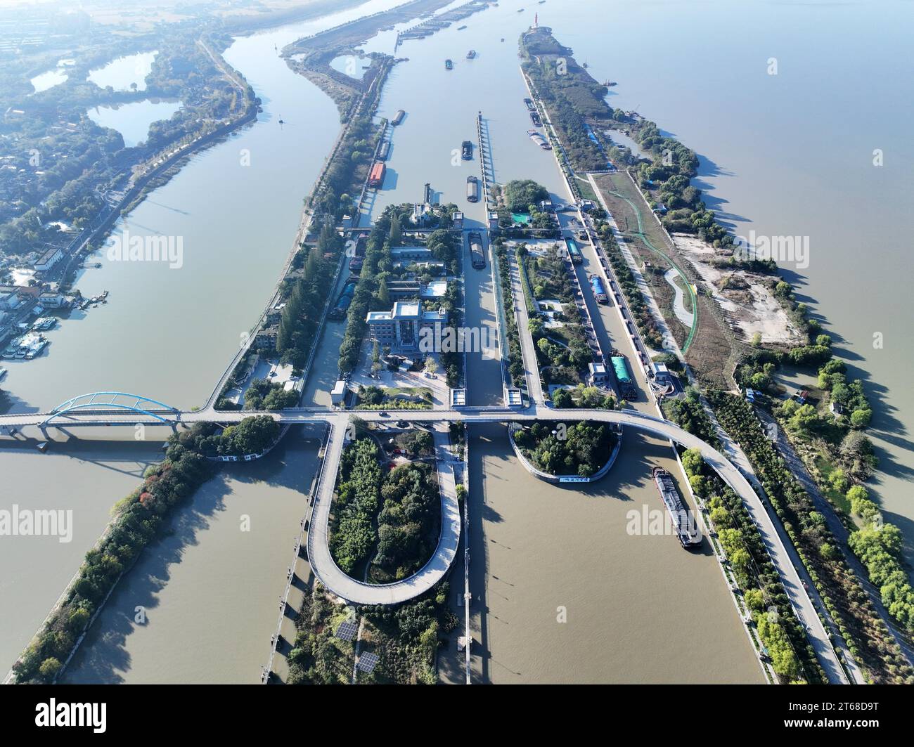 Aerial photo shows cargo ships traveling at the Grand Canal in Yangzhou ...