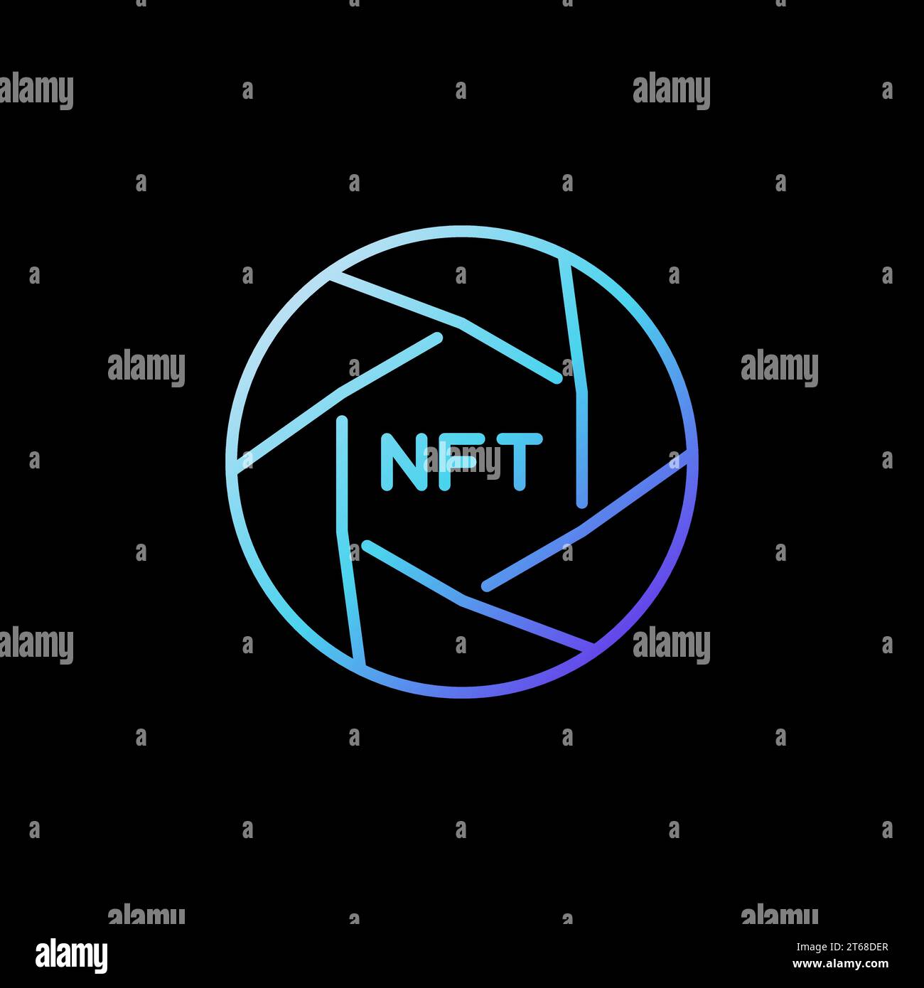 Shutter with NFT outline vector concept blue icon. Non fungible Token linear symbol on dark ...