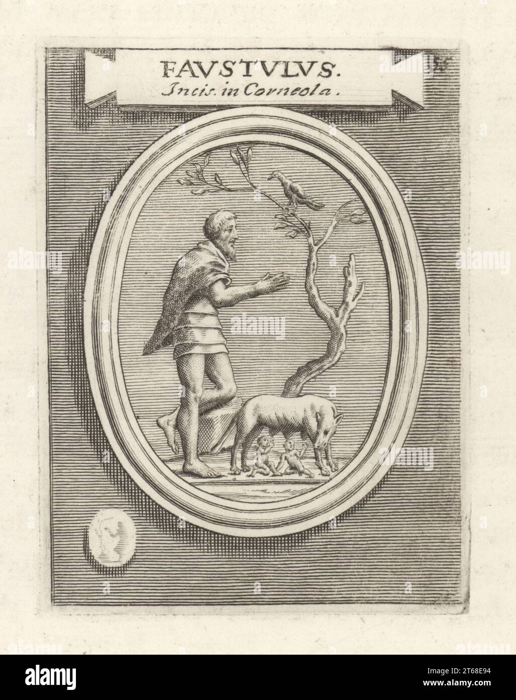 The shepherd Faustulus finding Romulus and Remus suckled by the she ...