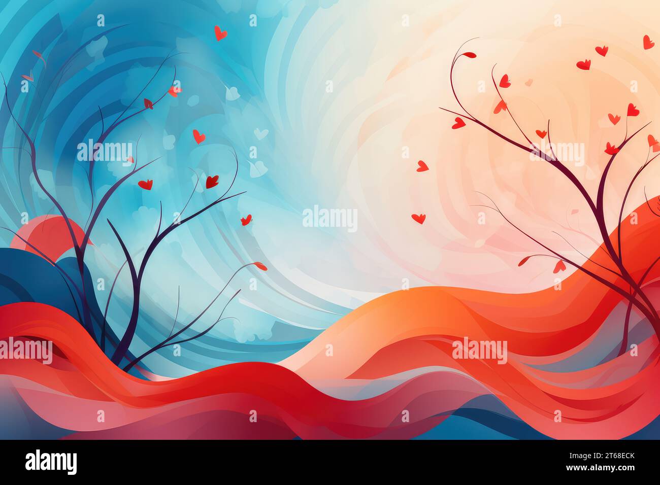 A vibrant landscape featuring trees and floating hearts with a gentle ...