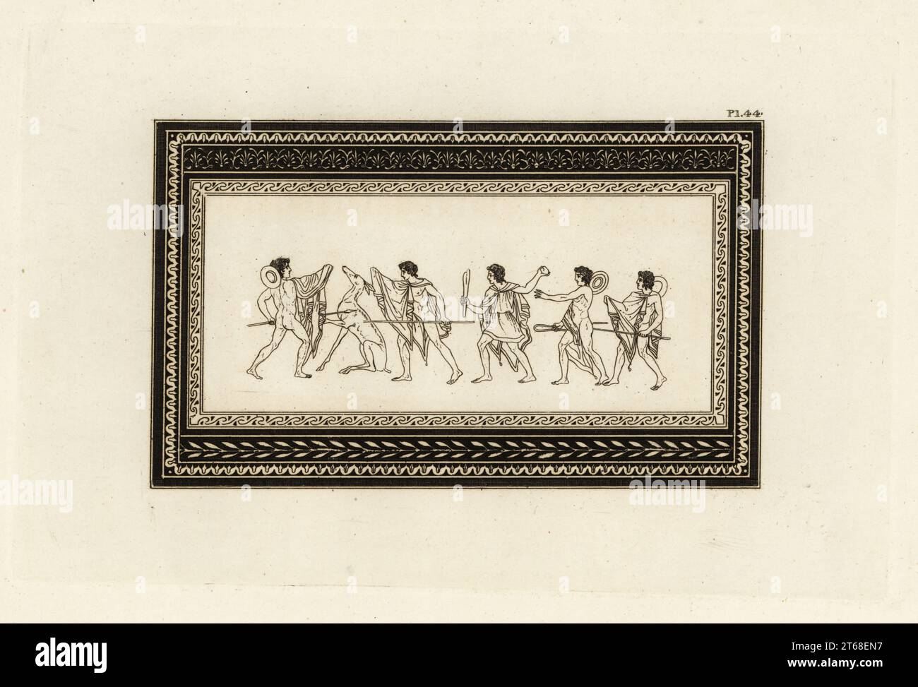 Roman men hunting a deer. Two men lance the deer at left, while others ...