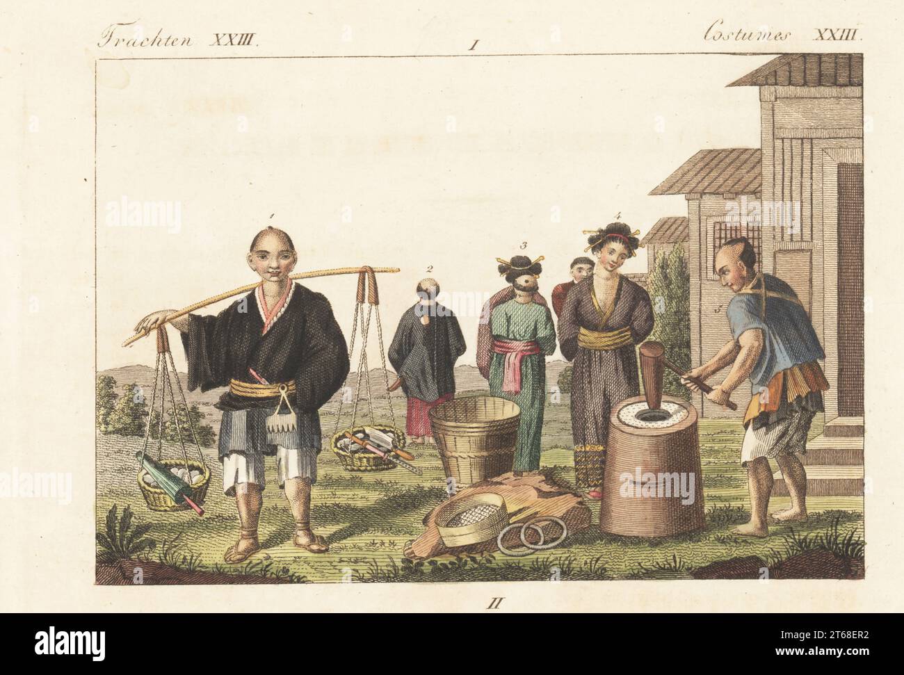Costumes of Japan, 1800s. A whale-meat seller with yoke and baskets ...